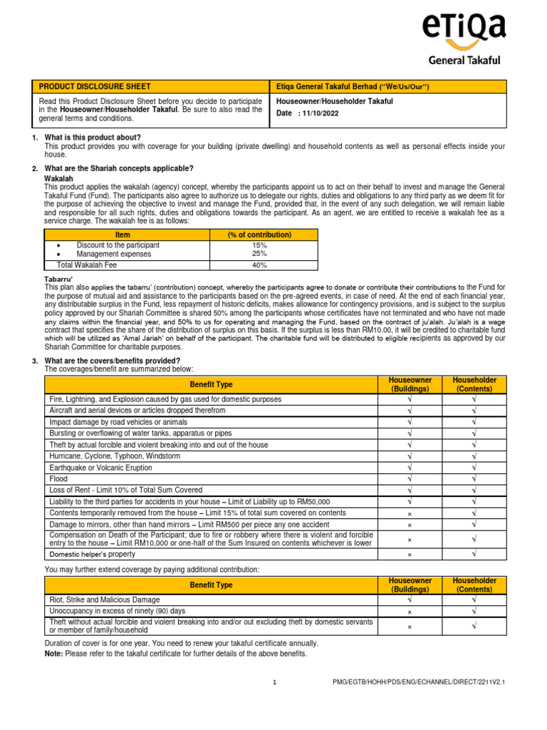 Product Disclosure Sheet HOUSEOWNER AND HOUSEHOLDER Takaful | PDF ...