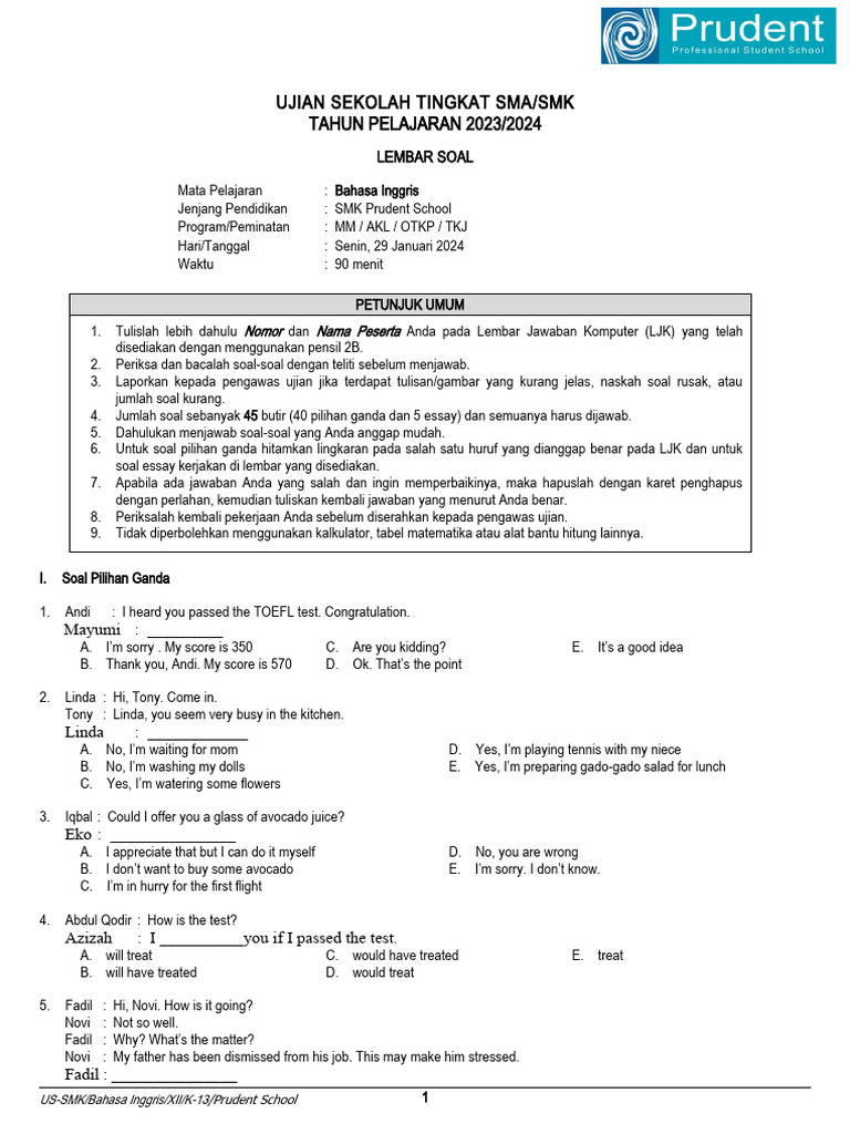 SOAL US BAHASA INGGRIS KELAS 12 2023_2024 | PDF