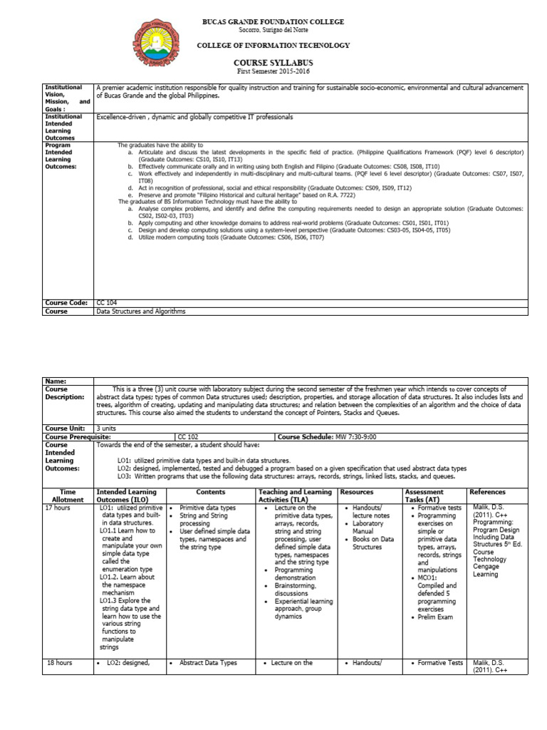 CC104 OBE Syllabus | PDF | Data Type | Computer Programming CC104 OBE Syllabus | PDF | Data Type | Computer Programming