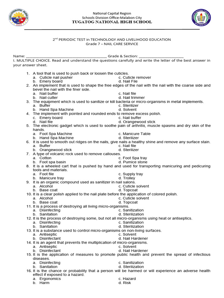 2nd PERIODIC TEST in TLE - NAIL CARE SERVICE | PDF | Nail (Anatomy ...