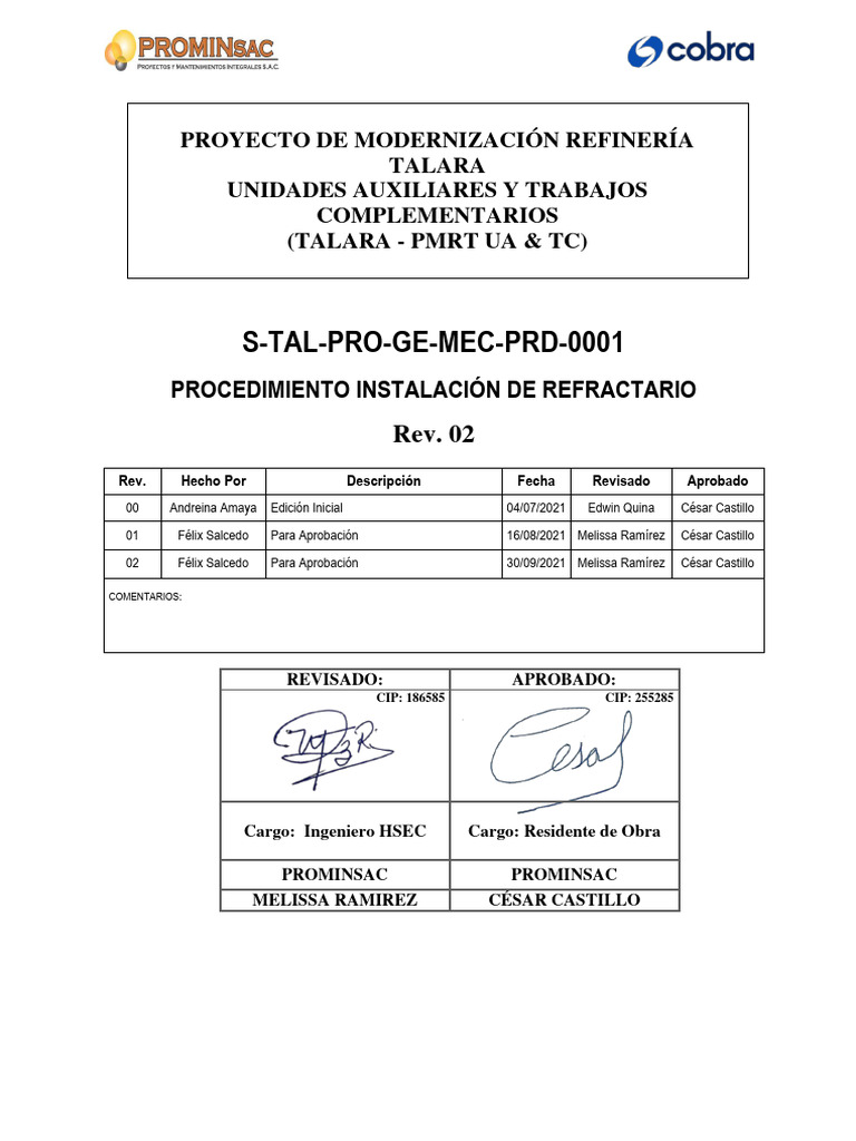 S TAL PRO GE MEC PRD 0001 - 02 Procedimiento Instalación de Refractarios | PDF | Cemento | Química