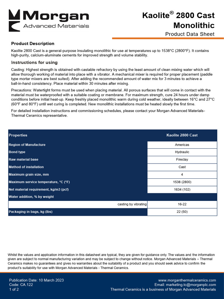 Kaolite 2800cast Eng | PDF | Refractory | Chemical Substances