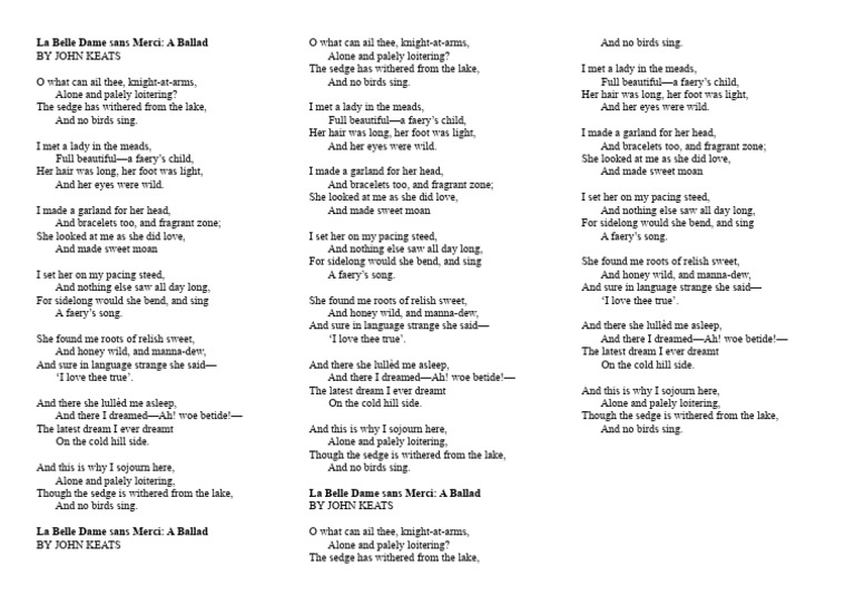 La Belle Dame Sans Merci Poem Copies | PDF | Fairies