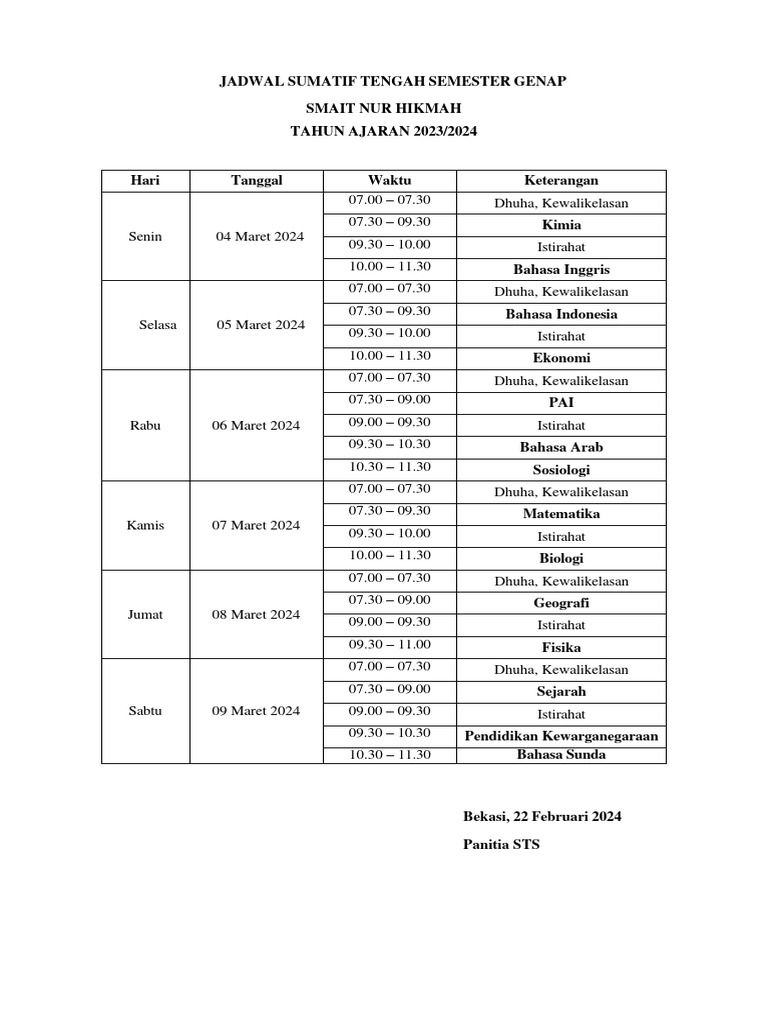 Jadwal STS Genap TA. 2023-2024 | PDF