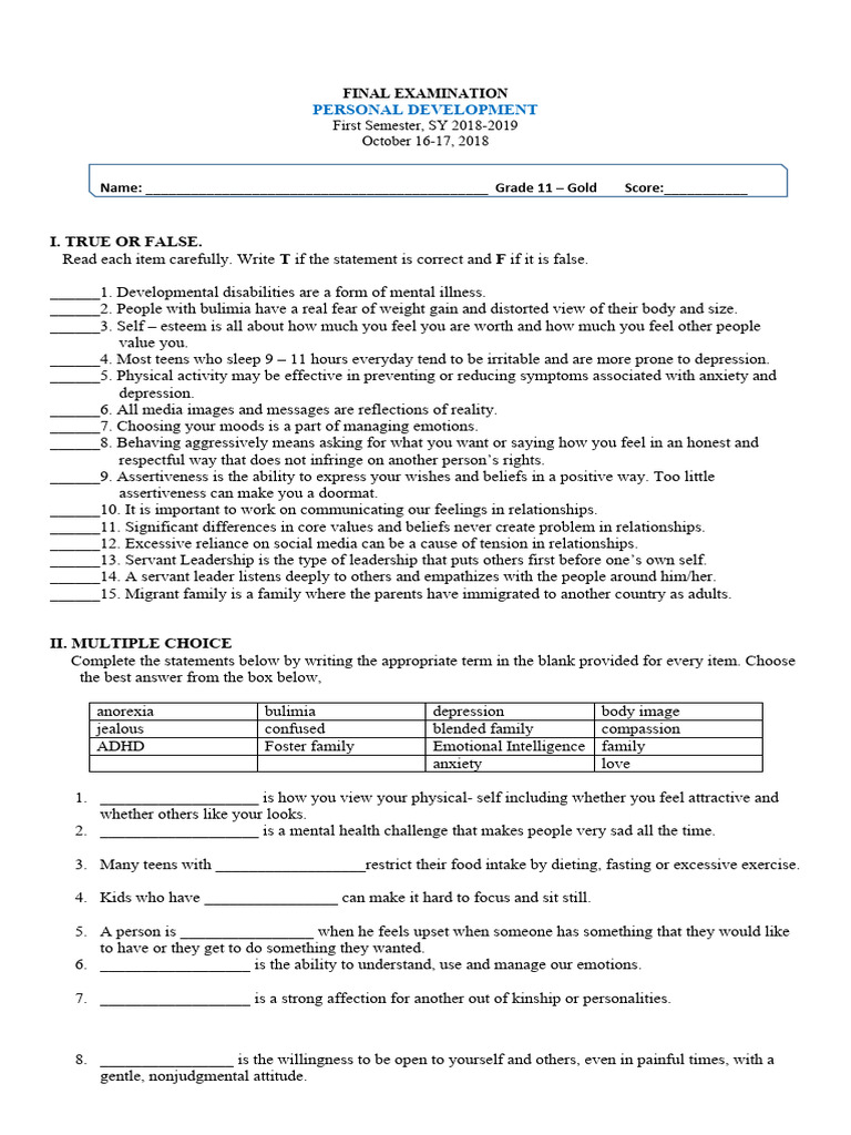Final Exam - Perdev | PDF | Anxiety | Feeling