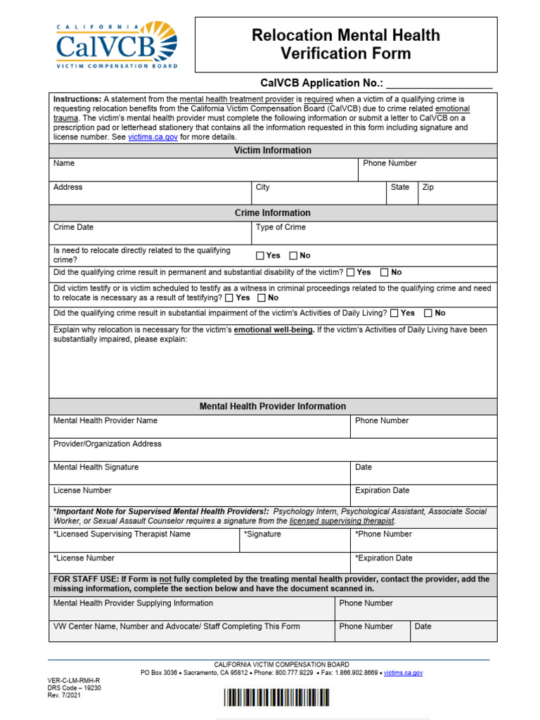 CalVCB Mental Health Relocation Form | PDF | Mental Health