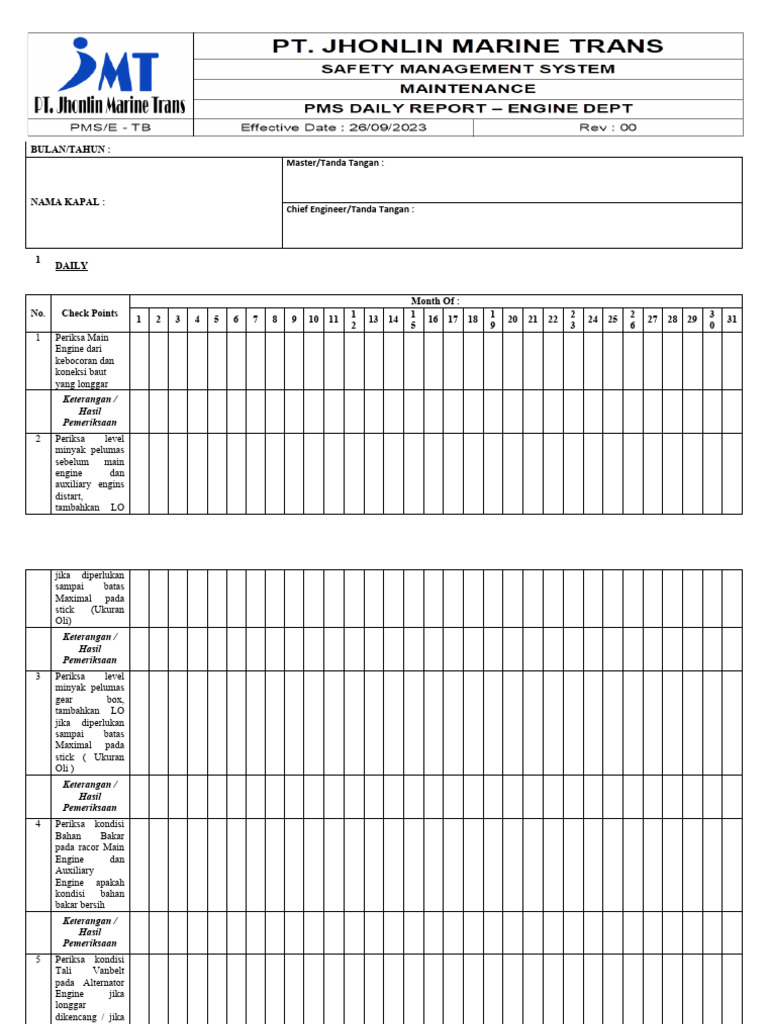 PMS For 4 Stroke Engine TB OKE. Daily | PDF