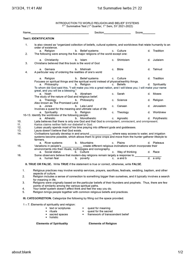 1st Summative Iwrbs 21 22 EXAM | PDF | God | Monotheism