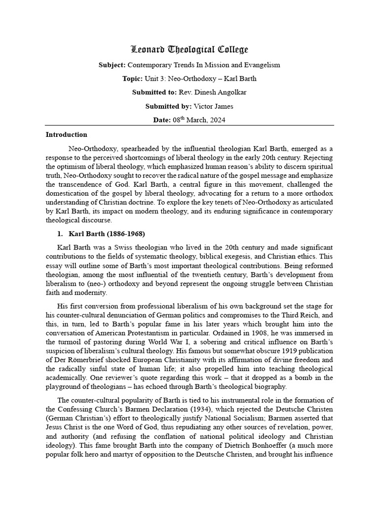 Neo-Orthodoxy and Karl Barth's Theology | PDF | Karl Barth | Christology