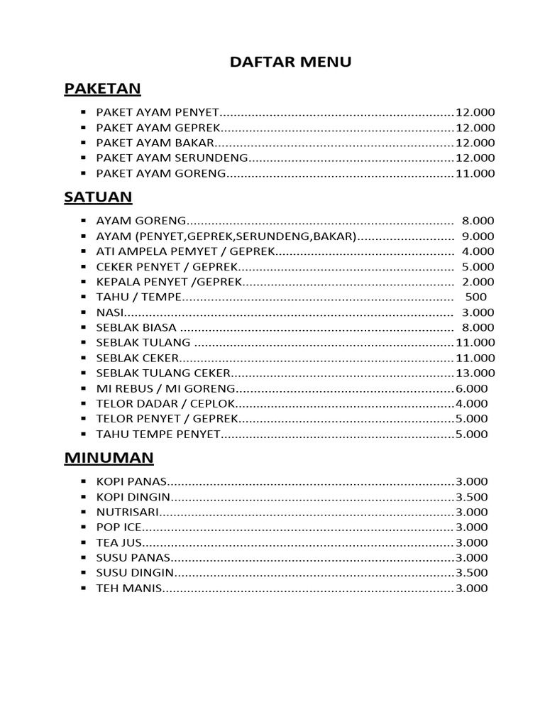 Daftar Menu Ayam Penyetan dan Seblak | PDF