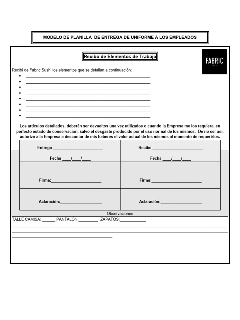 R-40 MODELO DE PLANILLA DE ENTREGA DE UNIFORME A LOS EMPLEADOS | PDF
