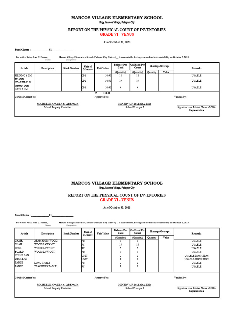 Grade 6 Venus Room Inventory 2023 2024 | PDF