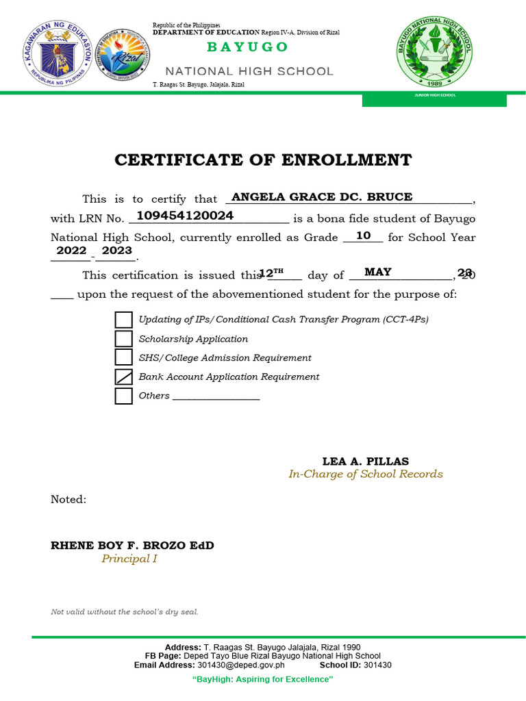 Certificate of Enrollment (JHS) | PDF
