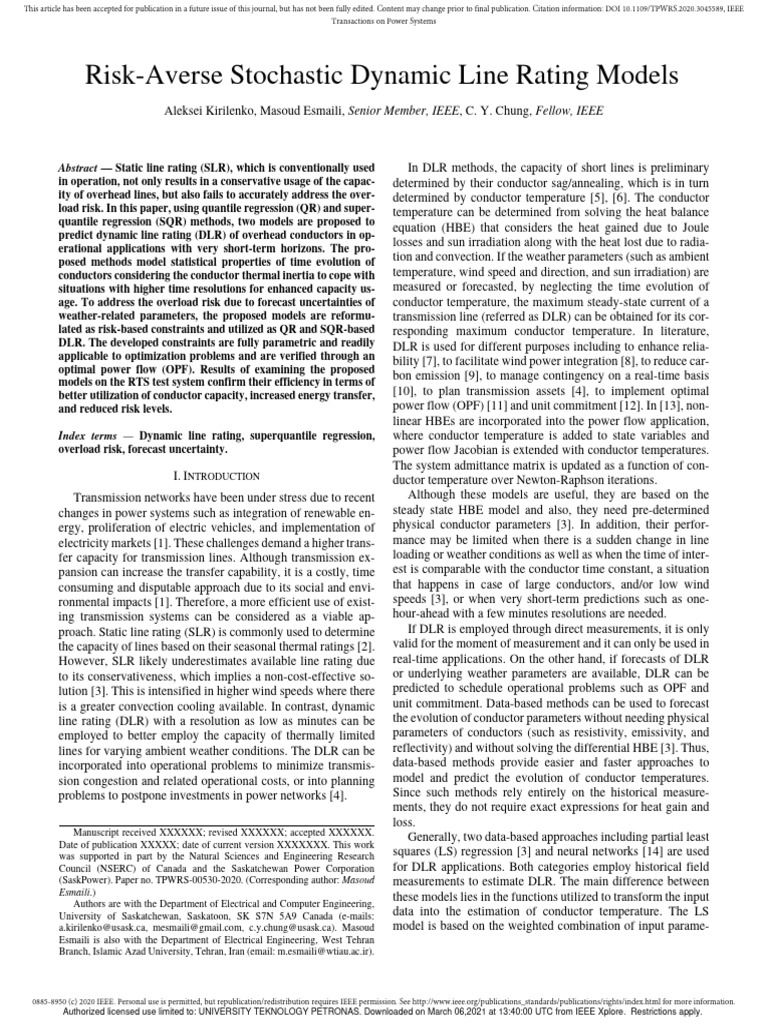 2020 Risk Averse Stochastic Dynamic Line Rating Models Pdf Dependent And Independent