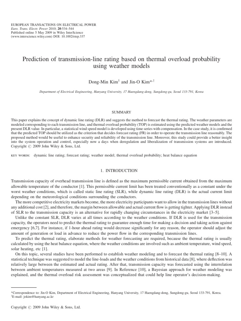 2009 Prediction of Transmission Line Rating Based On Thermal Overload Probability Using Weather ...