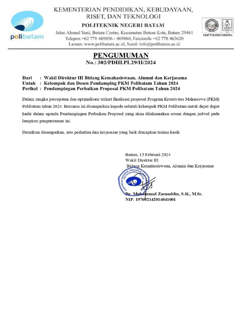Pengumuman Pendampingan Perbaikan Proposal PKM Polibatam Tahun 2024 | PDF