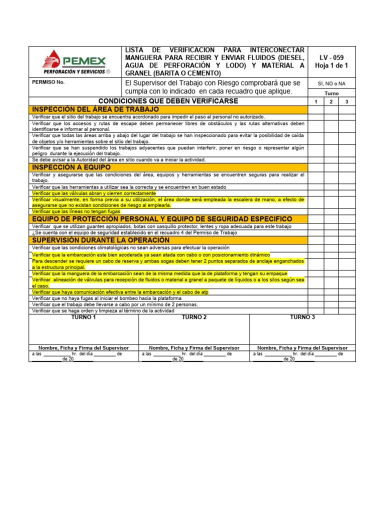 Lista de Verificación-059 para Interconectar Manguera para Recibir y Enviar Fluidos | PDF