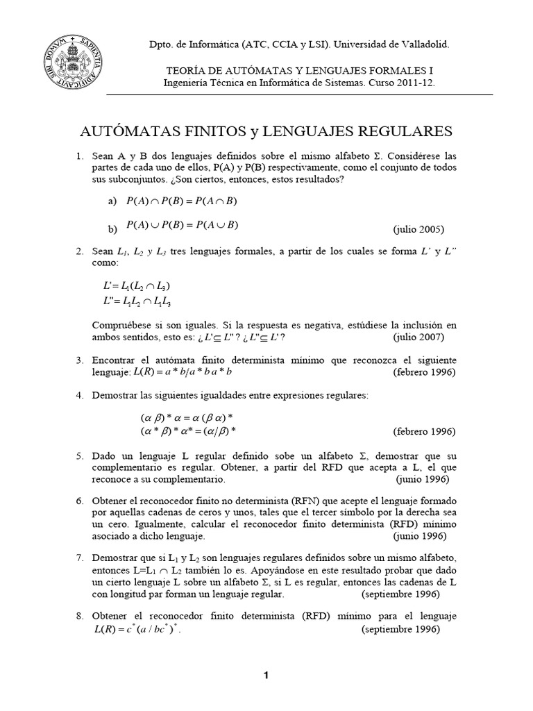 Ejercicios Automatas y Lenguajes Regulares | PDF | Expresión regular | Lenguaje de programación
