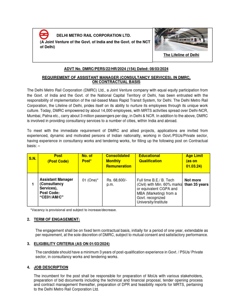DMRC Assistant Manager Recruitment 2024 | PDF | Delhi | Business