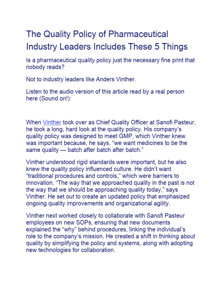 Key Elements of Pharma Quality Policy | PDF | Regulatory Compliance ...