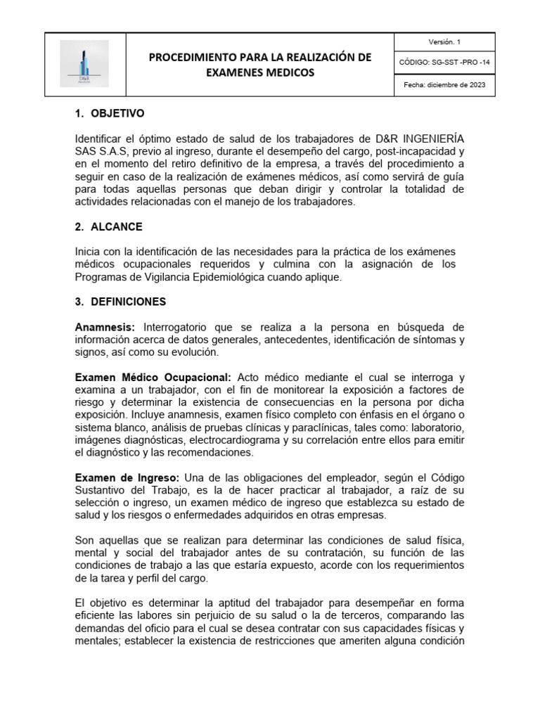 SG SST PR 17 Procedimiento Para La Realizaci n De Examenes Medicos D R