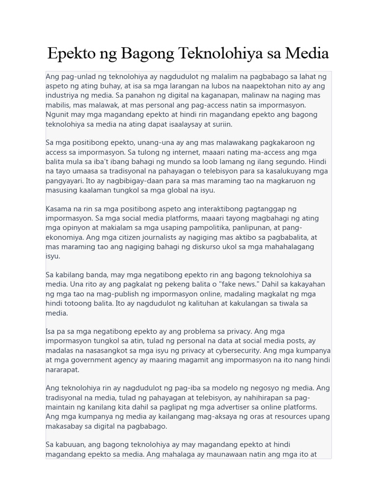 Epekto NG Bagong Teknolohiya Sa Media | PDF