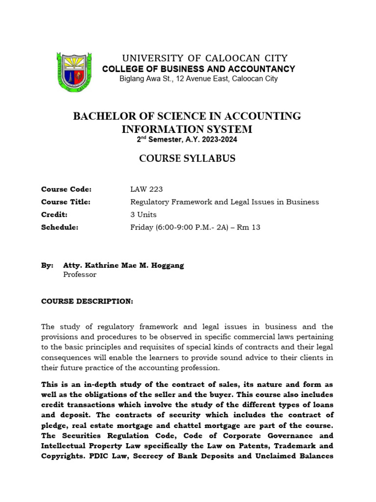 Regulatory Framework and Legal Issues in Business Course Syllabus | PDF | Academic Dishonesty ...