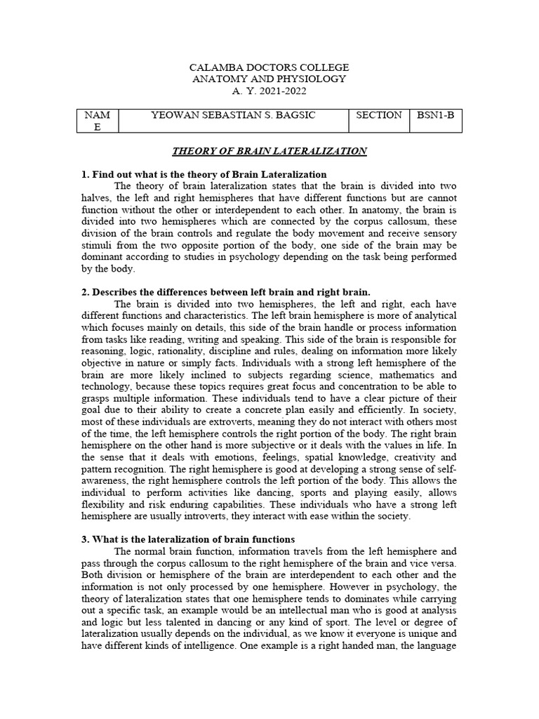 anaphy brain lateralization | PDF | Lateralization Of Brain Function | Cerebral Hemisphere
