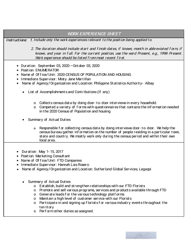 Work Experience Sheet | PDF
