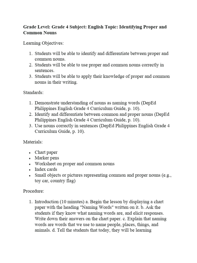 Proper and Common Noun Grade 4 | PDF | English Language | Curriculum
