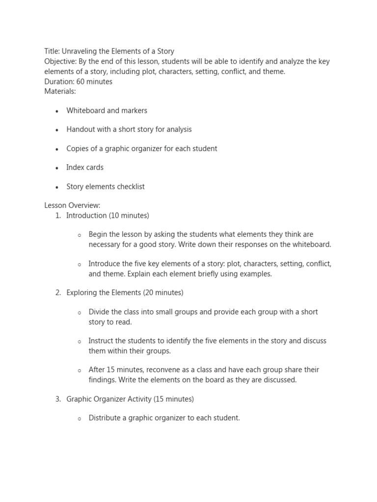 Lesson Plan For Elements of A Story | PDF | Lesson Plan | Understanding