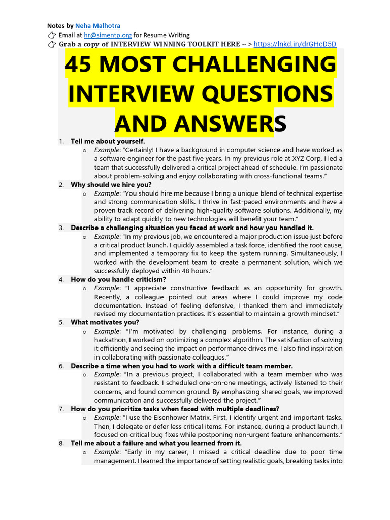 45 Most Challenging Interview Questions Download Free Pdf Goal Communication 