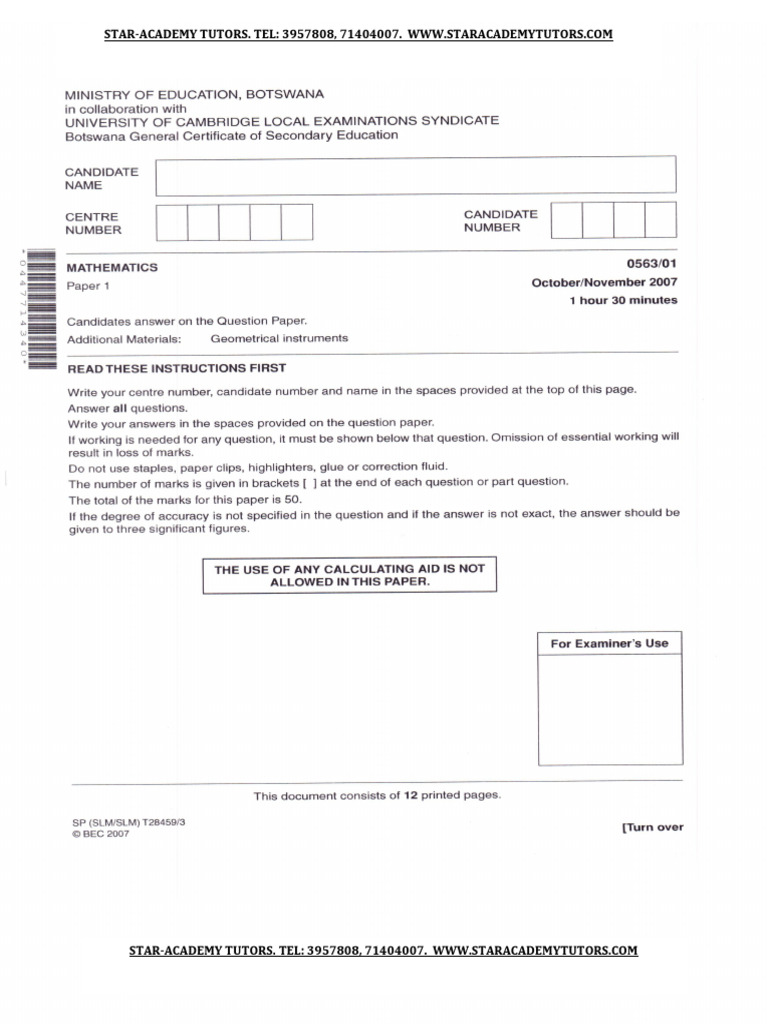 BGCSE Mathematics Paper 1, 2007 | PDF
