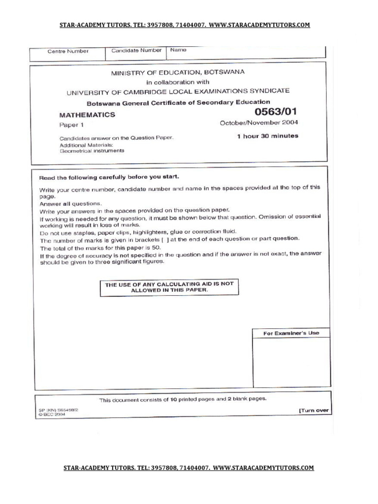 BGCSE Mathematics Paper 1, 2004 | PDF