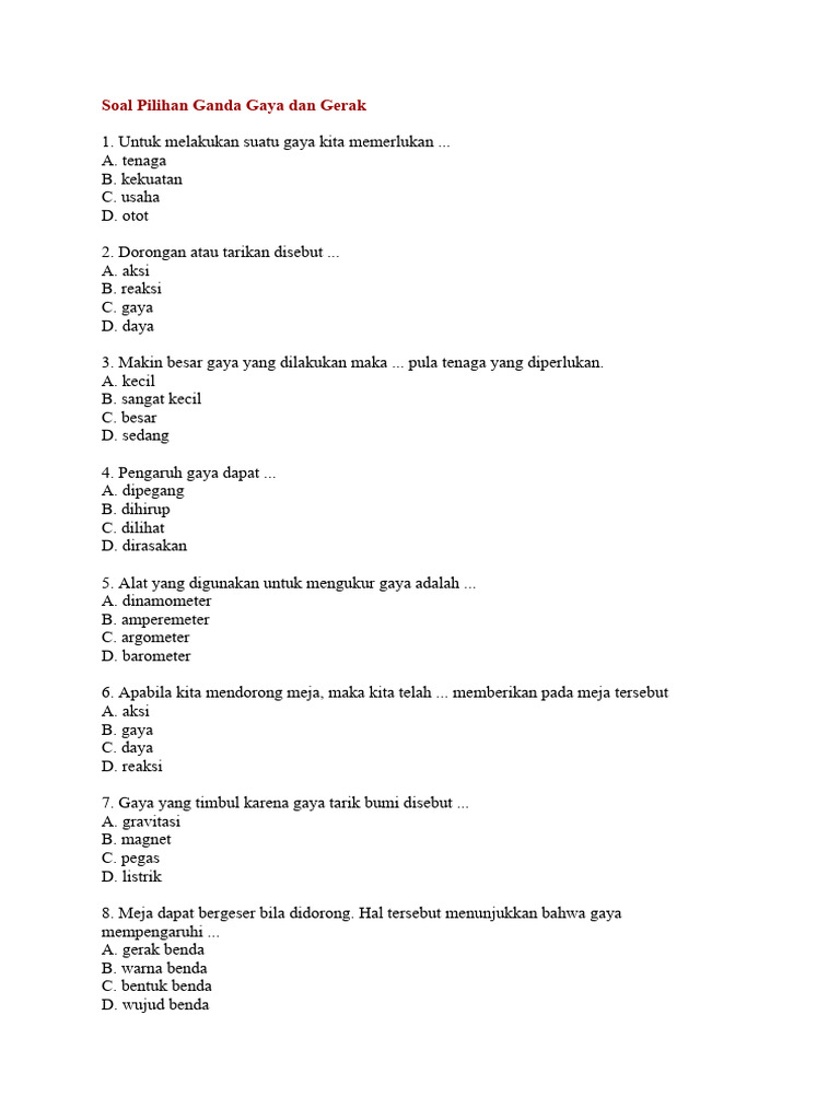 Soal Pilihan Ganda Gaya Dan Gerak | PDF