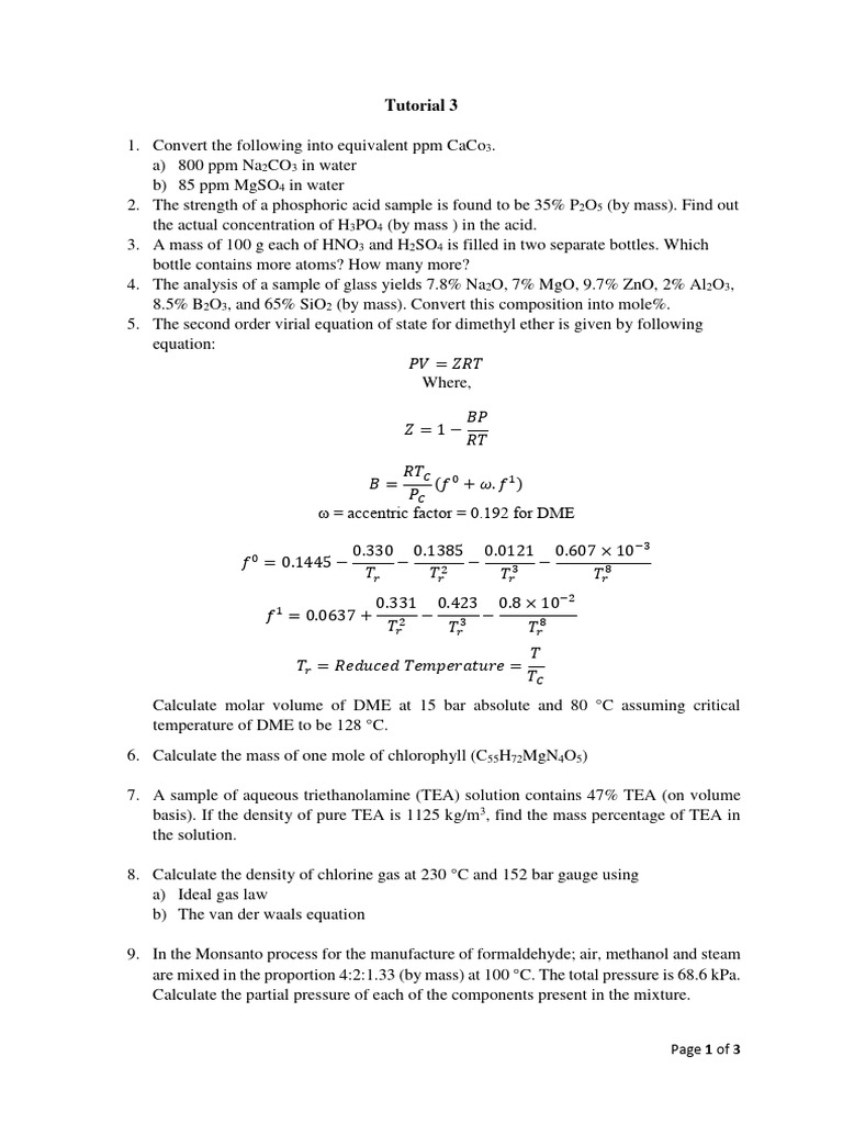 Tutorial 3 - Basic Calculations in Chem Engg | PDF | Ammonia | Gases