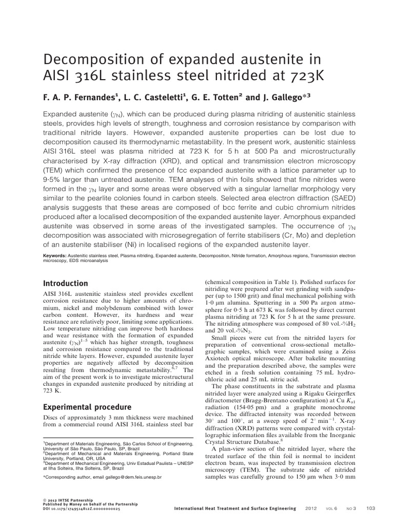 Decomposition of Expanded Austenite in AISI 316L | PDF | Transmission ...
