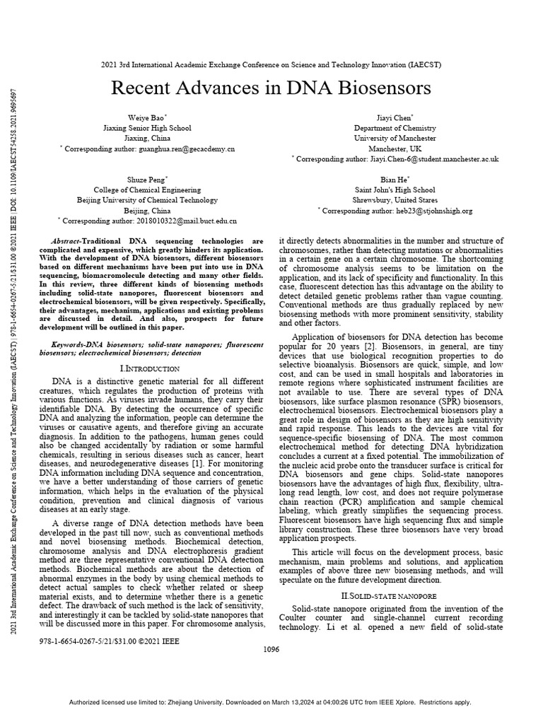Recent Advances in DNA Biosensors | PDF | Biosensor | Polymerase Chain ...