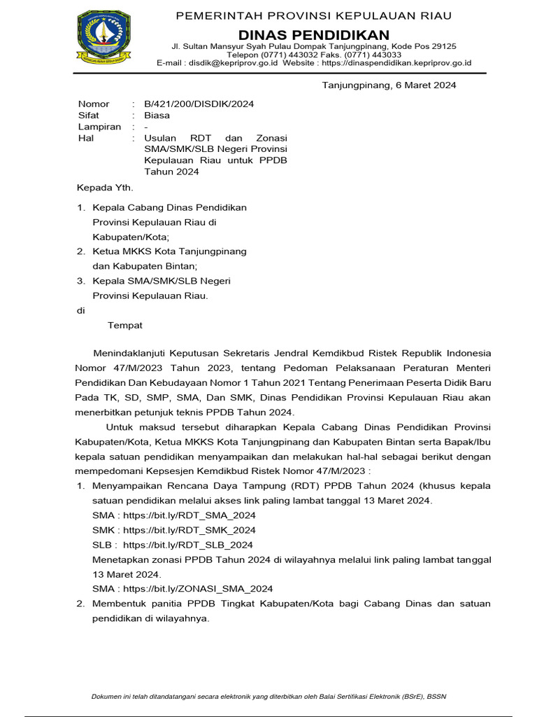 Usulan RDT Dan Zonasi SMA SMK SLB Negeri Provinsi Kepulauan Riau Untuk ...