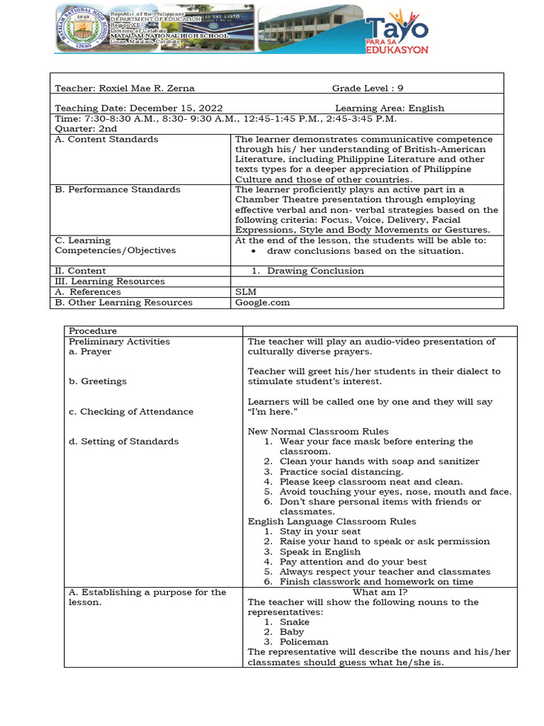 English Lesson Plan: Drawing Conclusions | PDF | Teachers | Classroom
