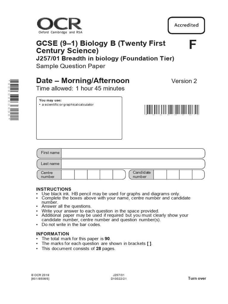 Unit j257 01 Breadth in Biology Foundation Tier Paper 1 Sample ...