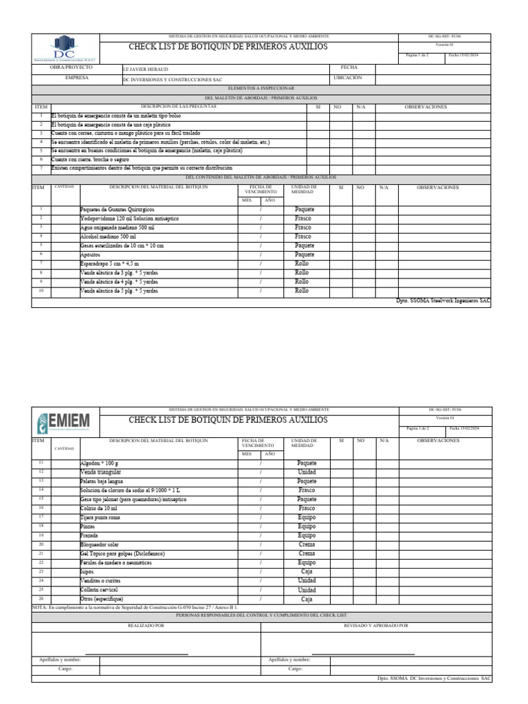 Checklist Botiquín Primeros Auxilios 2024 | PDF