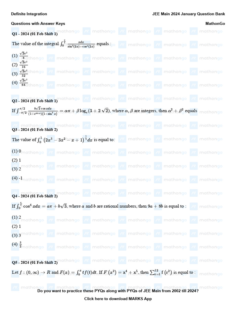 Definite Integration - JEE Main 2024 January Question Bank - MathonGo (1) | PDF | Triangle ...