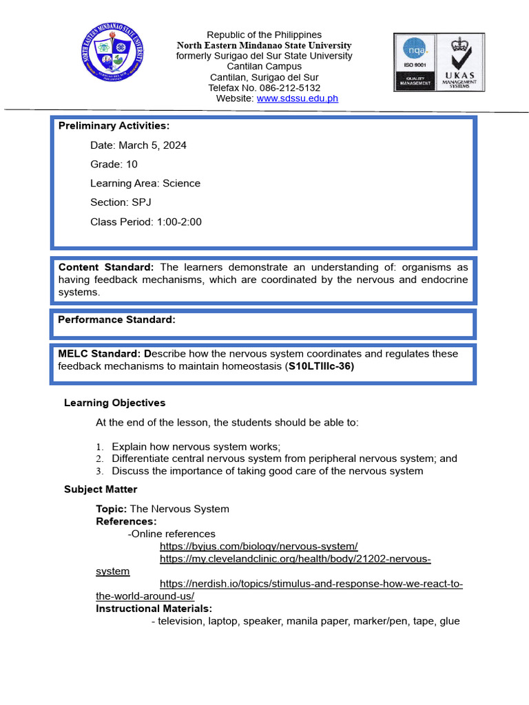 Co 2 Lesson Plan Nervous System | PDF | Nervous System | Neuron
