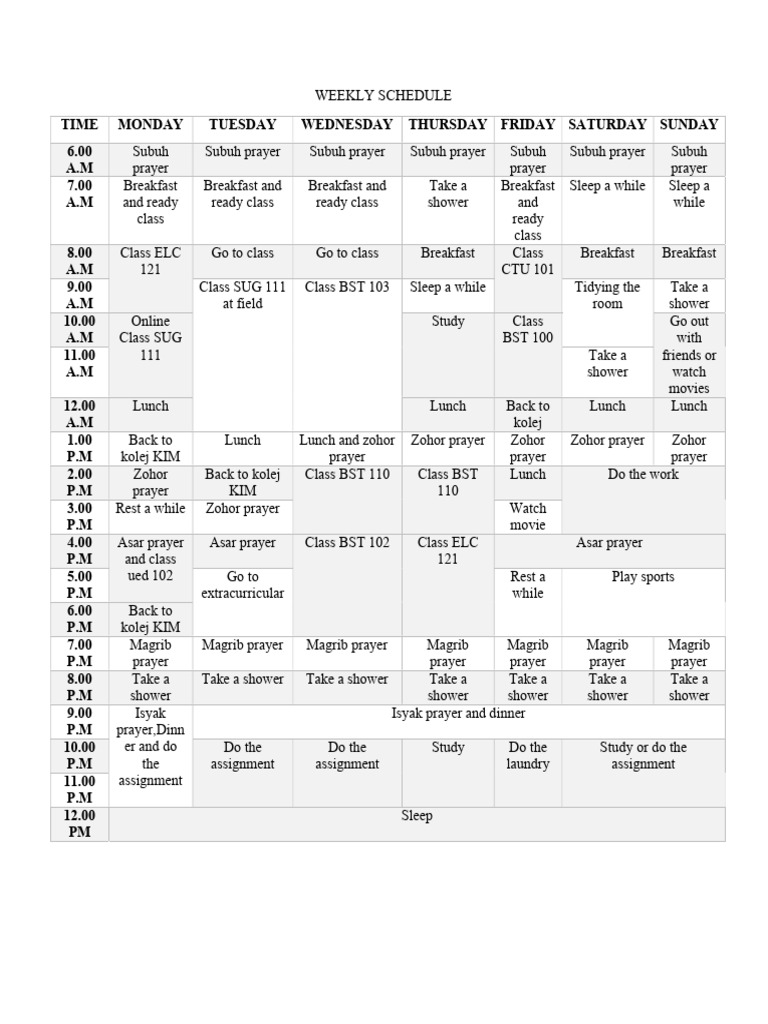 WEEKLY SCHEDULE | PDF