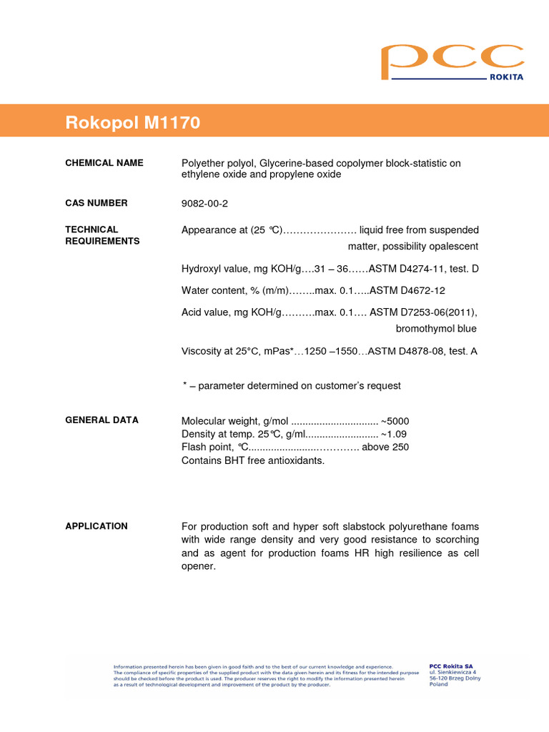 Rokopol M1170: Polyether Polyol for Polyurethane Foams | PDF