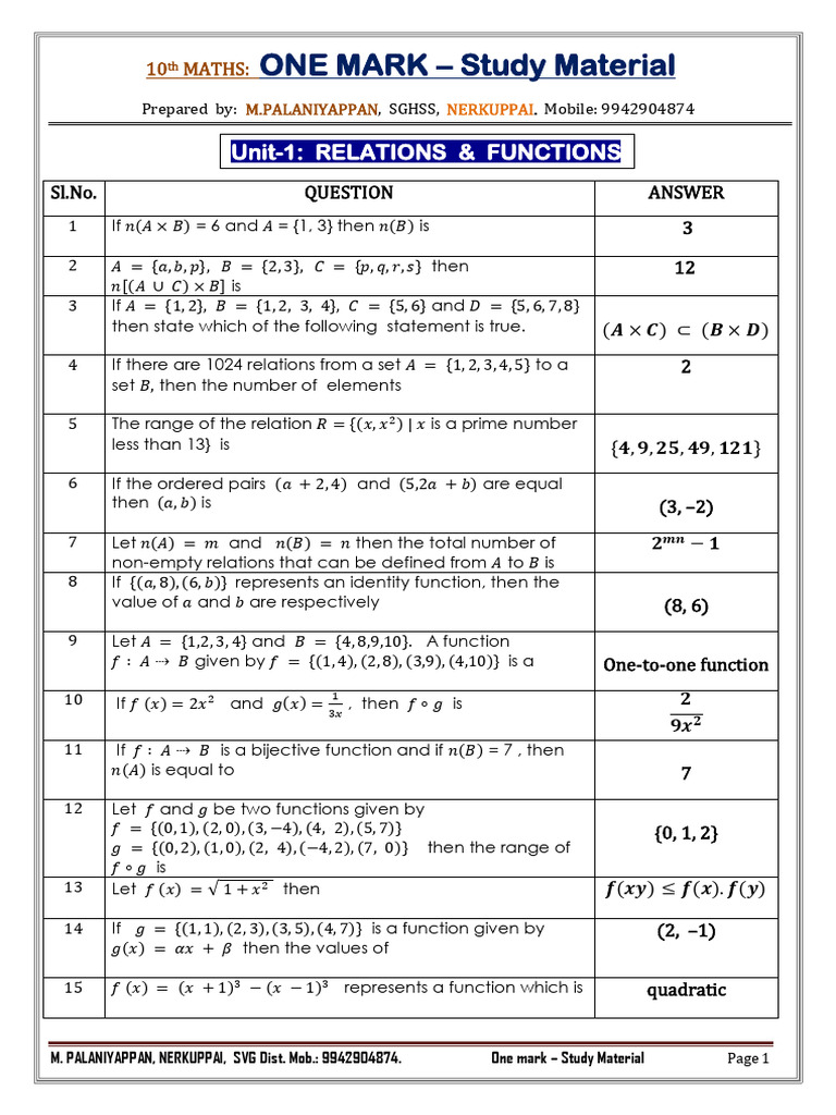 10th Grade Maths One Mark Questions | PDF | Circle | Sphere