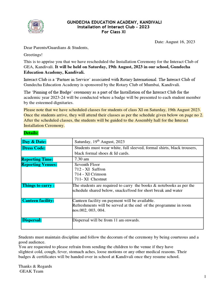Class XI Installation of Interact Club - 19th August 2023 | PDF ...