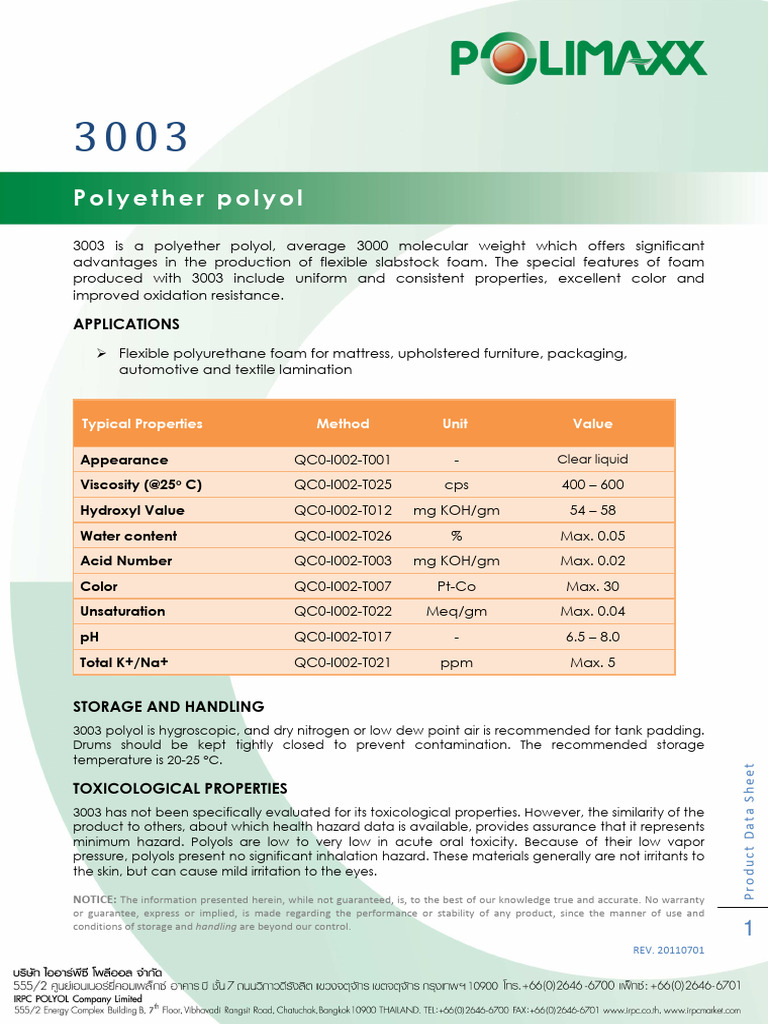 Polyether Polyol 3003 Data Sheet | PDF | Polyurethane | Chemistry