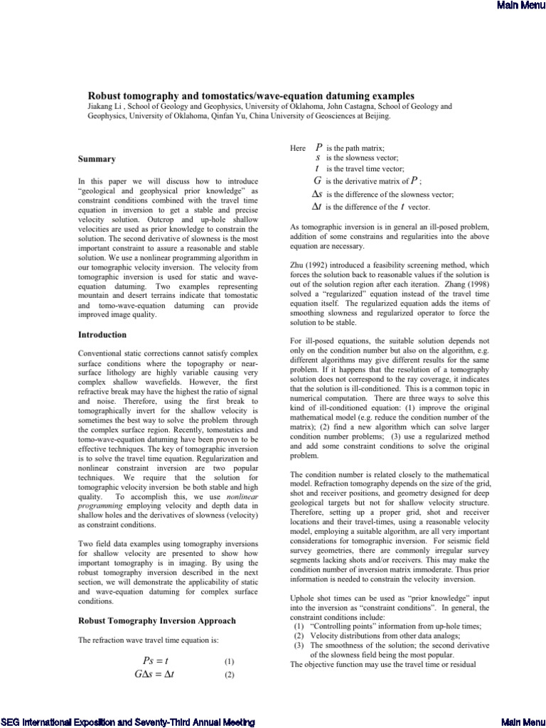 02 - Robust Tomography and Tomostaticswave-Equation Datuming Examples | PDF | Inverse Problem ...